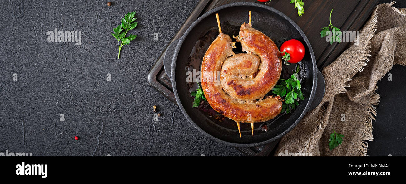 Homemade sausage barbecue. Picnic menu. Festive food.Top view. Flat lay ...