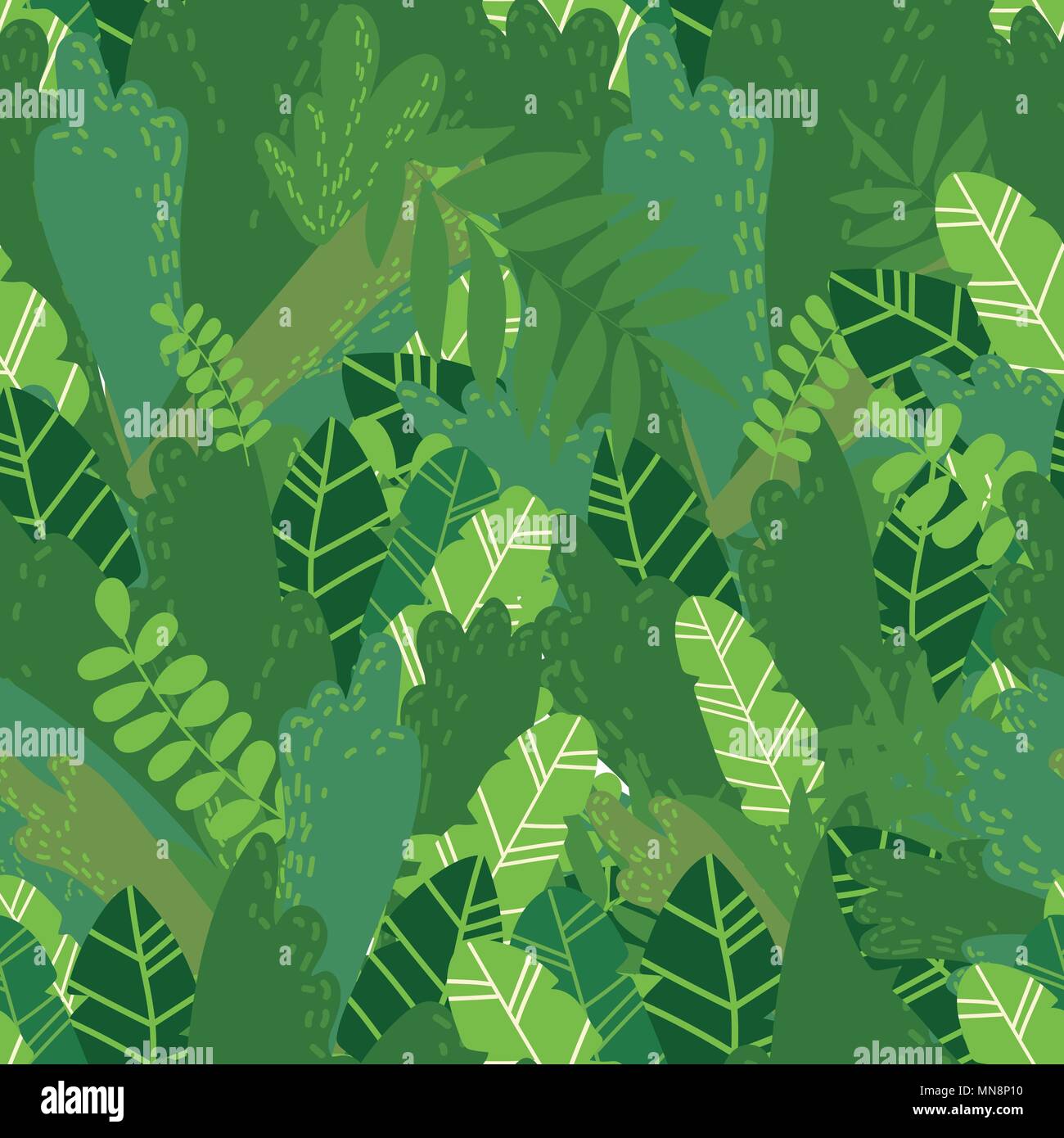 Vector cartoon style seamless pattern of exotic tropical green leaves ...