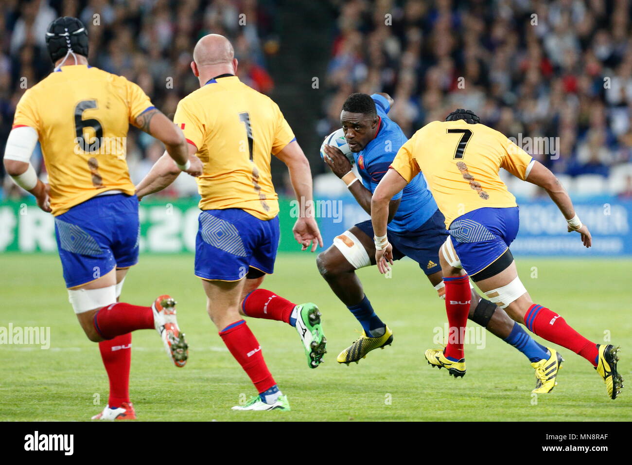 Yannick Nyanga of France takes flight to break through the Romanian ...