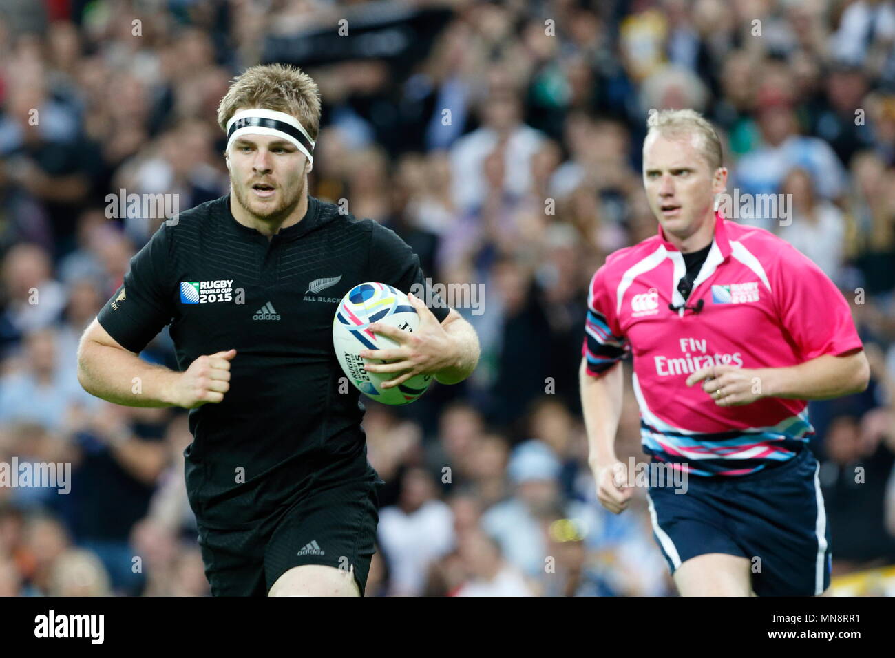 New Zealand's Sam Cane runs home his try during the RWC 2015 match ...