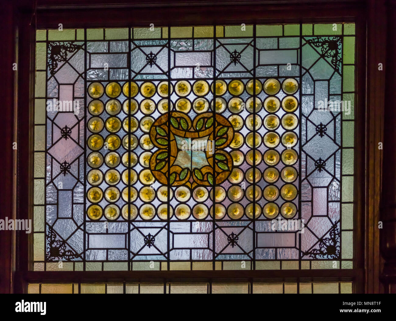 Stained glass windows in dining hall of Flagler College in historic St ...