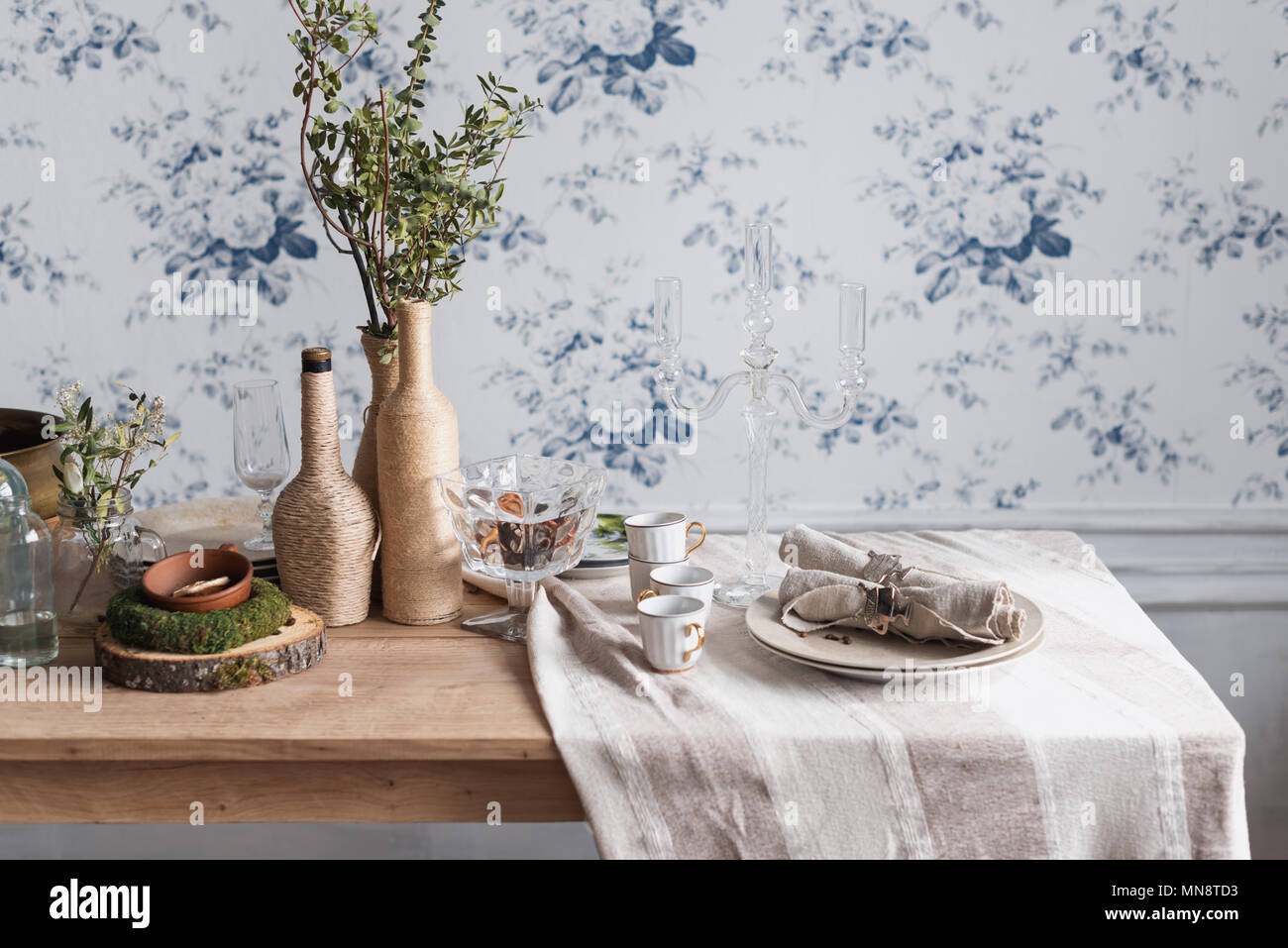 Rustic table setting. Eco friendly design Vintage interior with wood ...