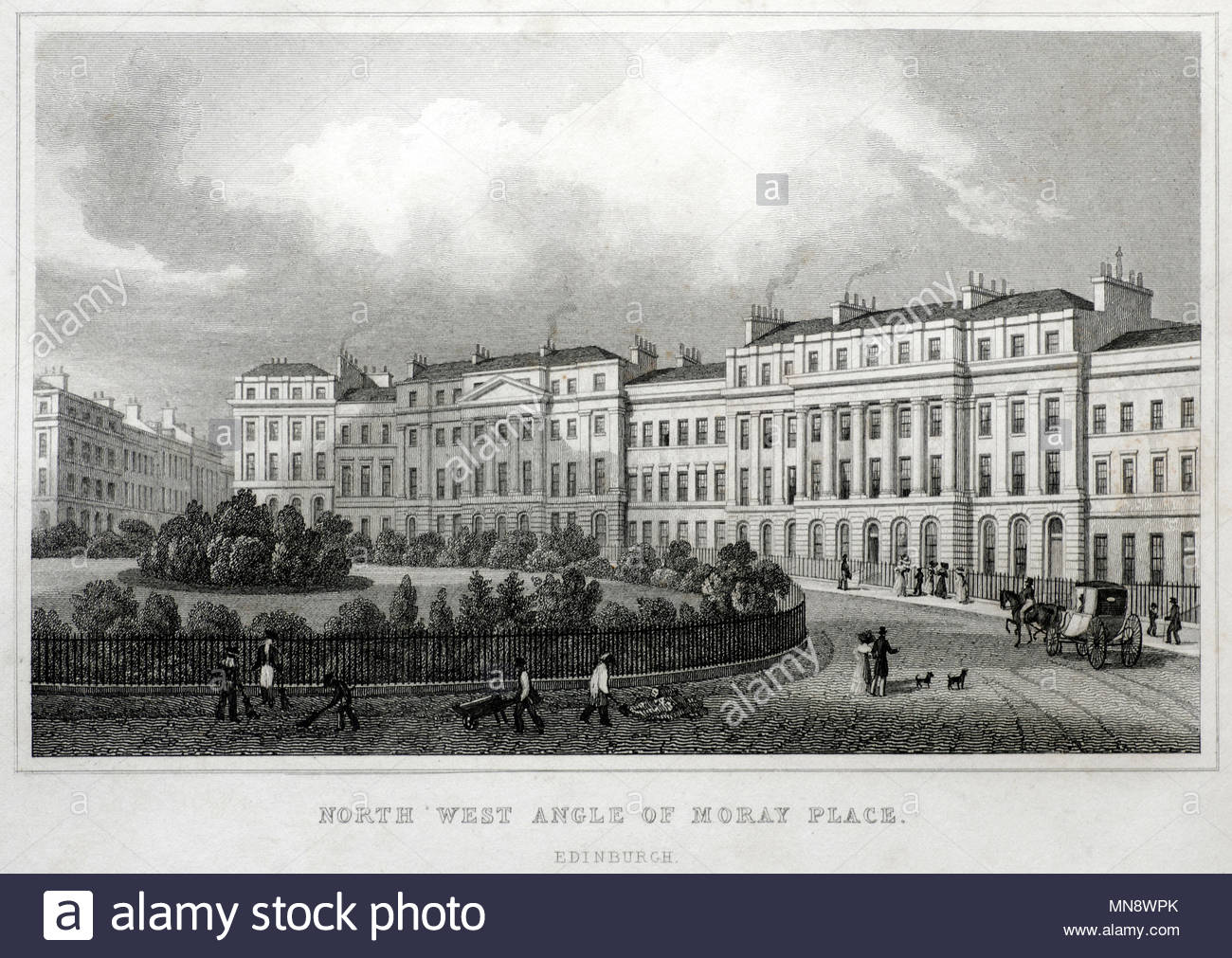 North West angle of Moray Place, Edinburgh, antique engraving from 1829 ...