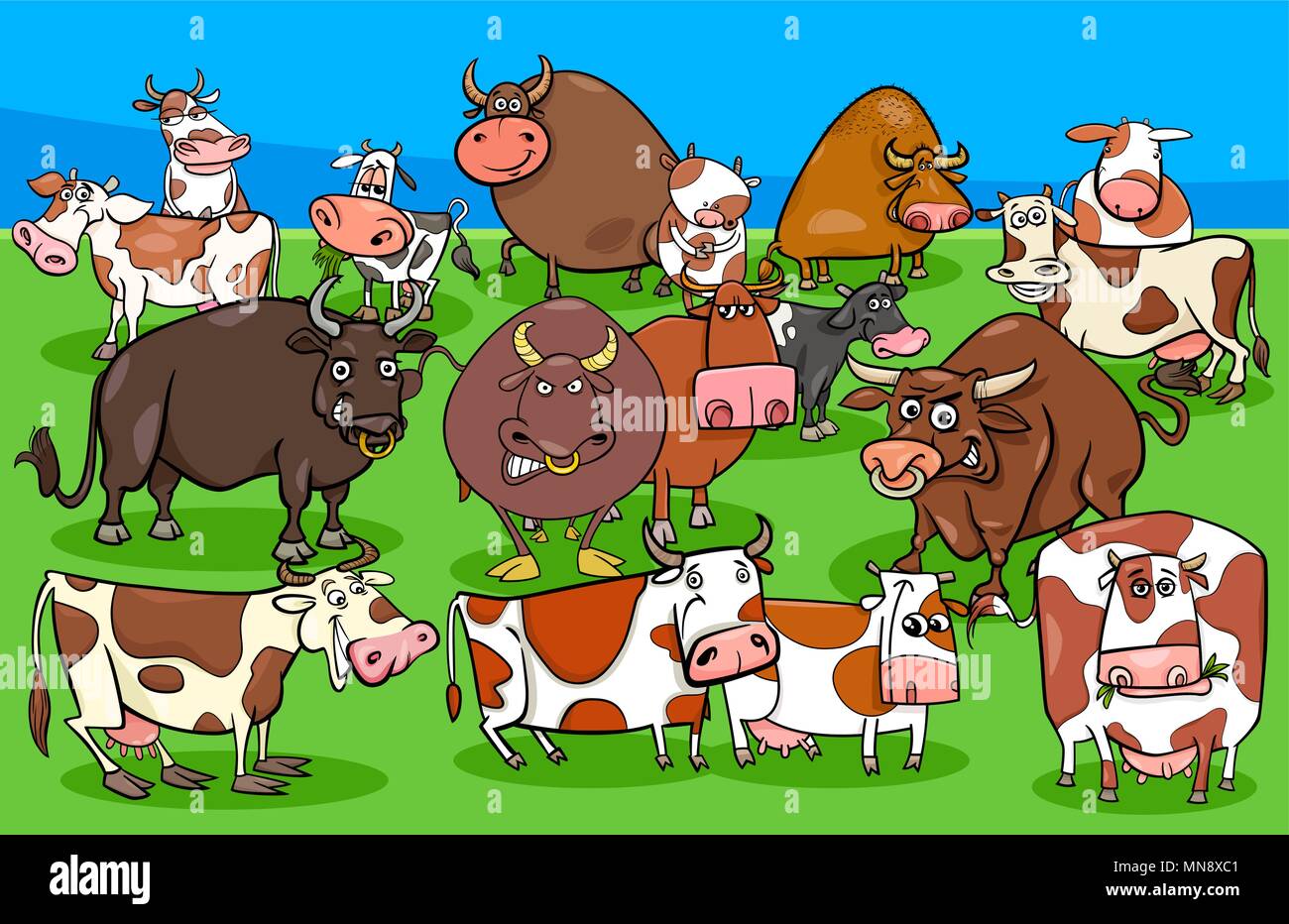 Cartoon Illustration of Funny Cows and Bulls Farm Animal Characters ...
