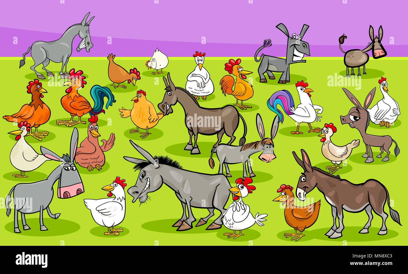 Cartoon Illustration of Funny Chickens and Donkeys Farm Animal ...