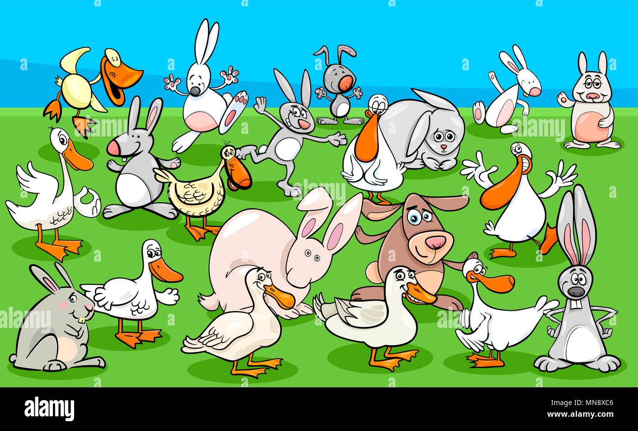 Cartoon Illustration of Funny Ducks and Rabbits Farm Animal Characters ...