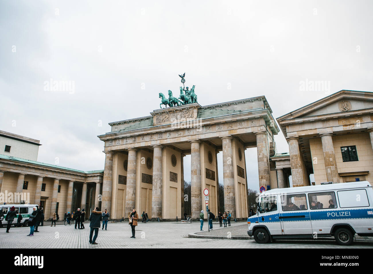 Berlin, Germany 15 February 2018: Brandenburg gate. Service of public ...