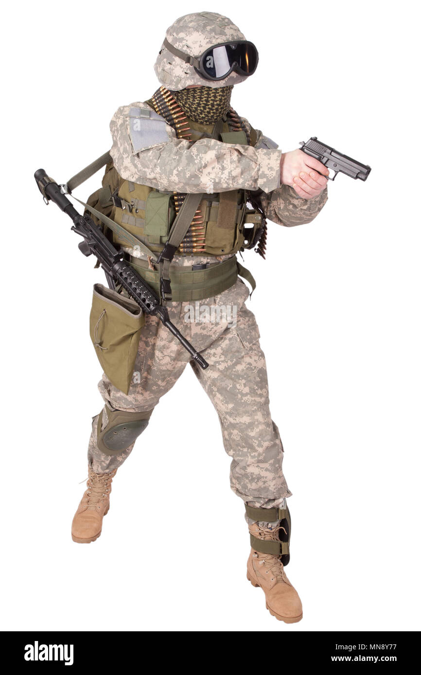 US soldier with hand gun on white background Stock Photo - Alamy