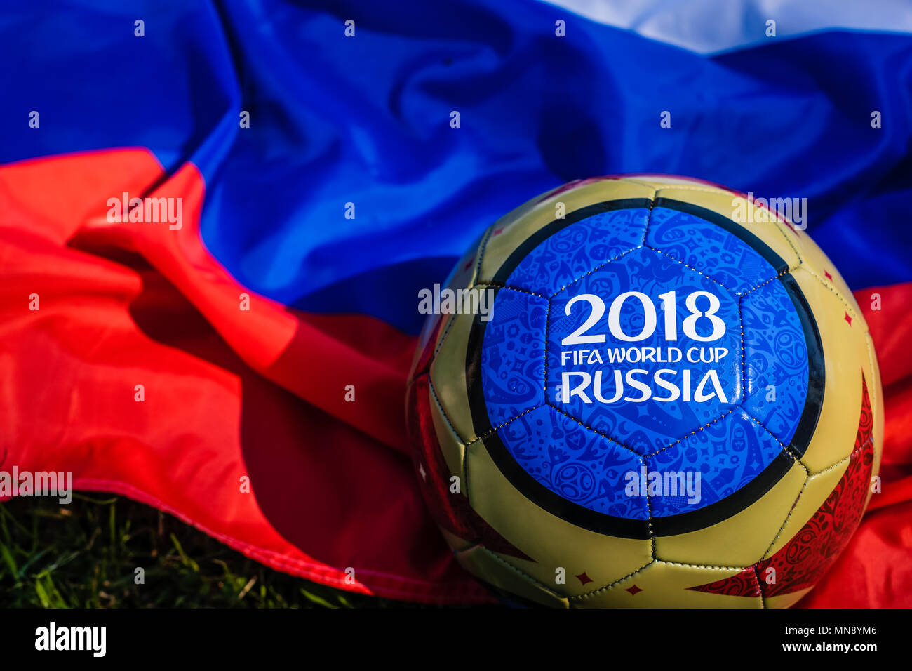 Moscow, Russia. May 13, 2018. Souvenir ball with the emblems of the ...