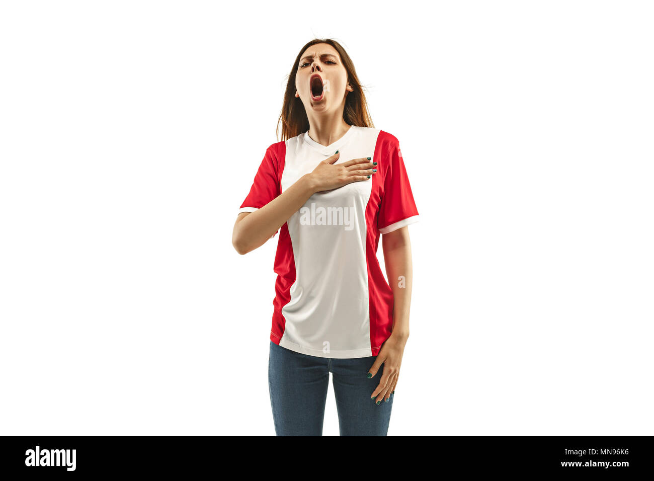 French fan celebrating on white background Stock Photo - Alamy