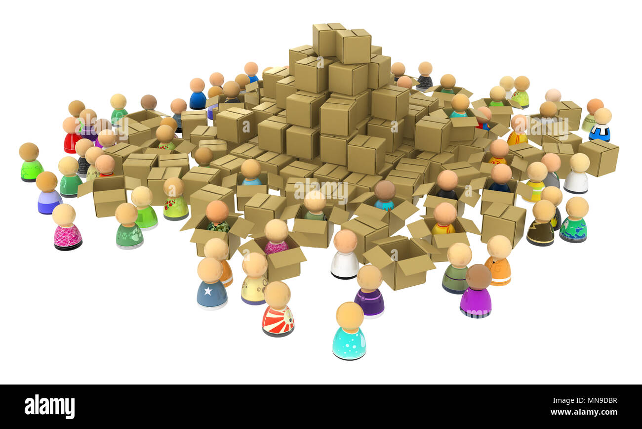 Crowd of small symbolic 3d figures, with cardboard boxes, over white ...