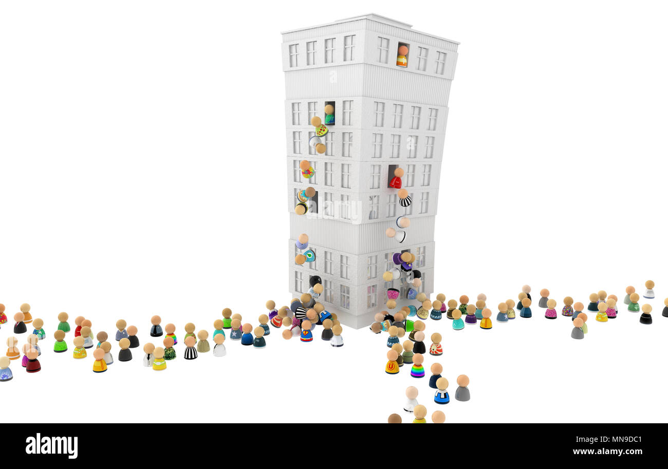 Crowd of small symbolic 3d figures, falling from building, over white ...