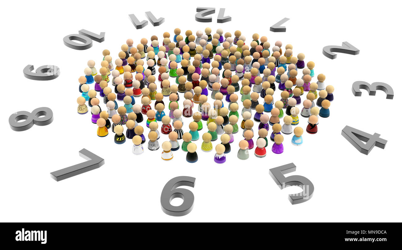 Crowd of small symbolic figures with clock numbers circle, 3d ...