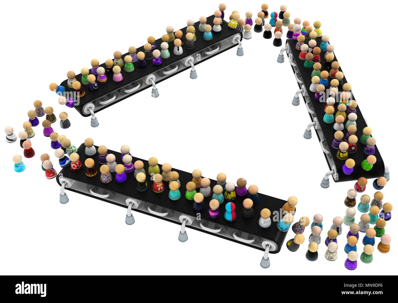 Crowd of small symbolic figures ride conveyor belt triangle, 3d ...
