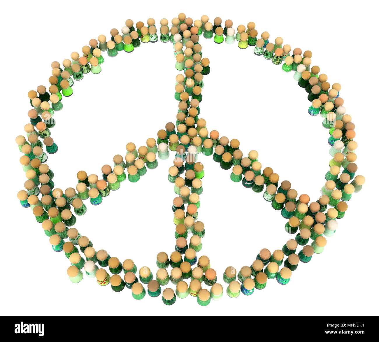 Crowd of small symbolic figures, peace symbol shape, 3d illustration ...