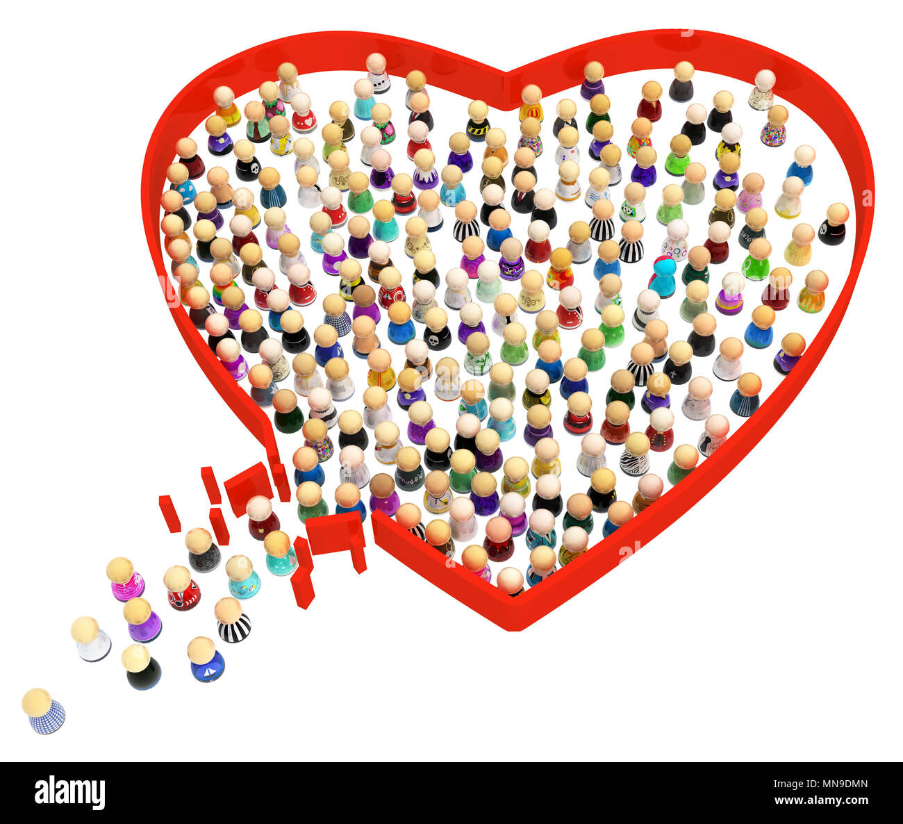 Crowd of small symbolic figures, heart shape break out 3d illustration ...