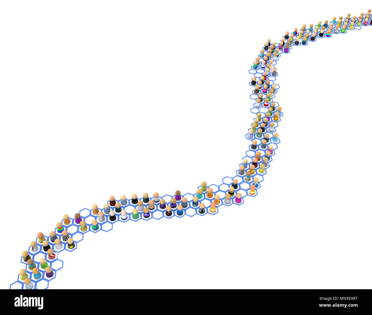 Crowd of small symbolic figures, linked hexagon cell path, 3d ...