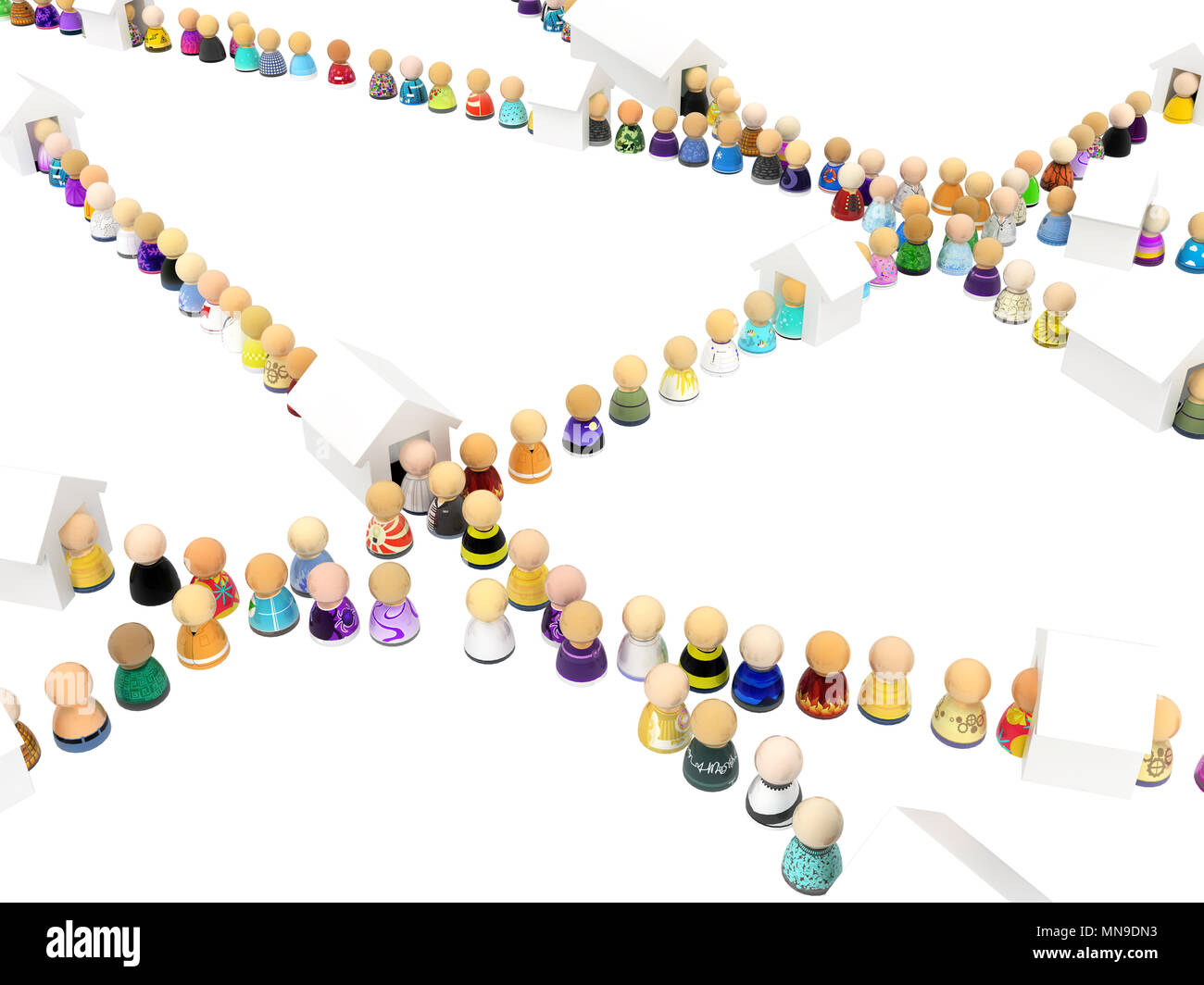 Crowd of small symbolic figures house queues crossing, 3d illustration ...
