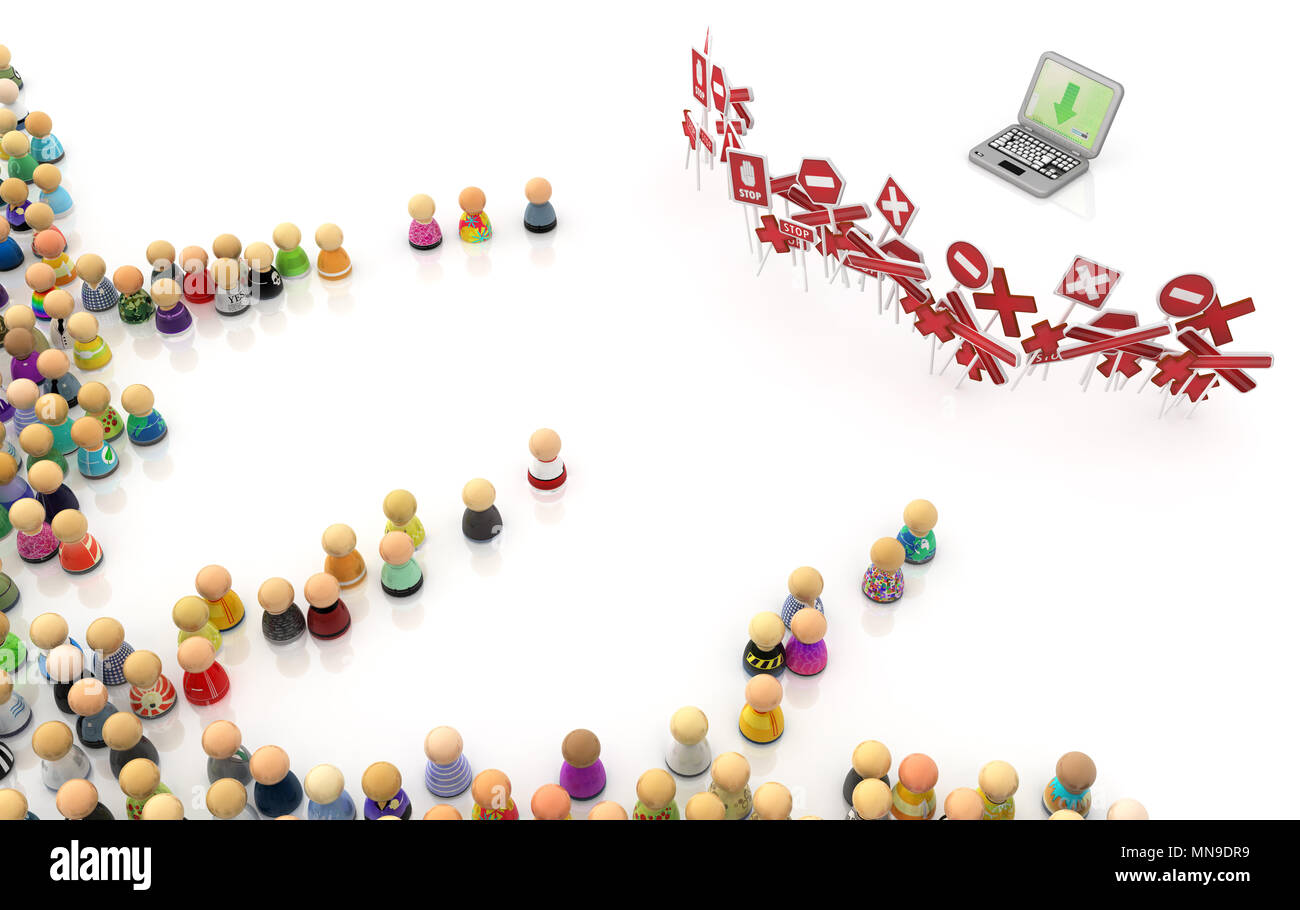 Crowd of small symbolic figures, laptop restricted, 3d illustration ...
