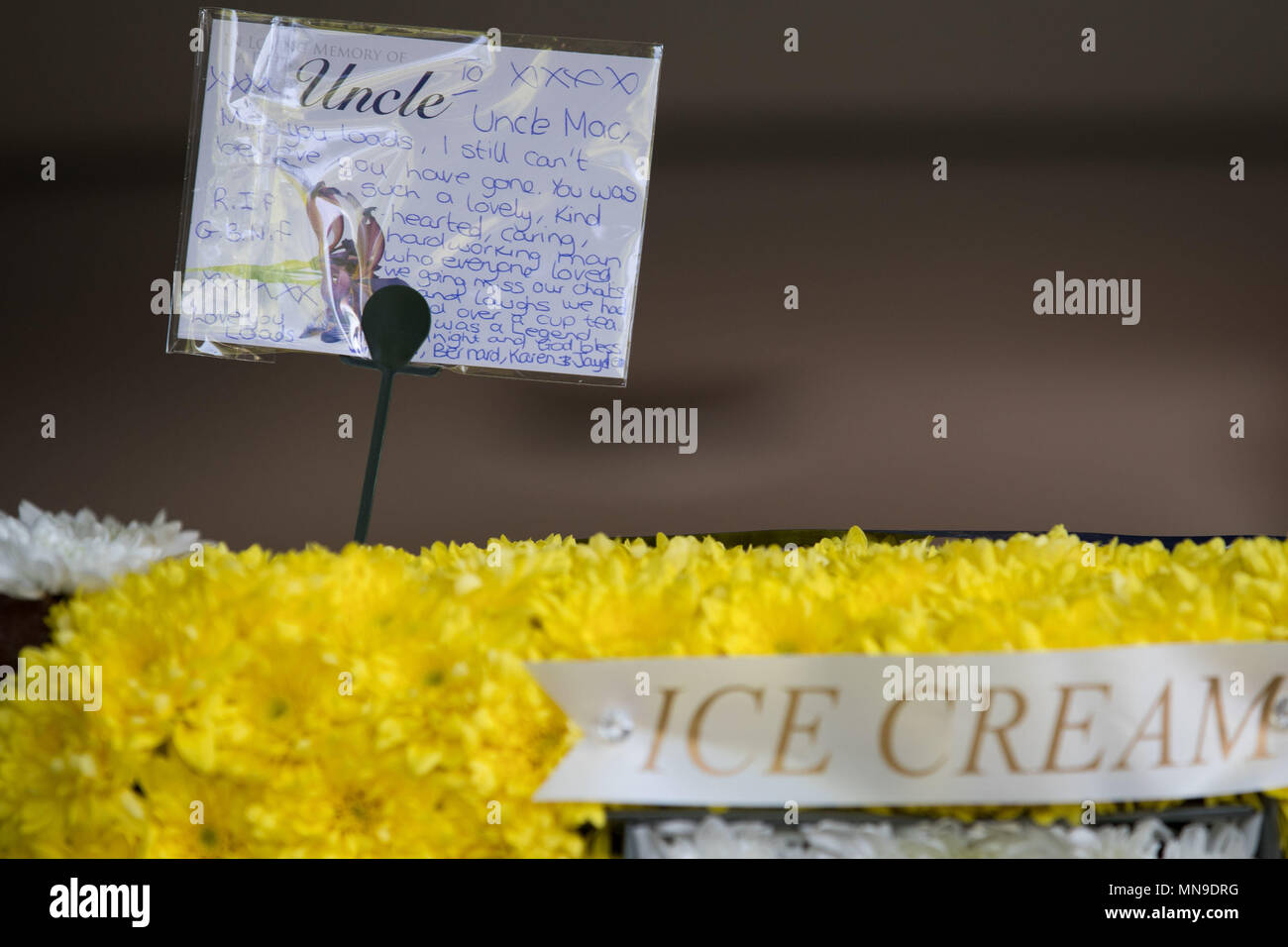 A card from family on an ice cream van floral tribute at Erdington's ...