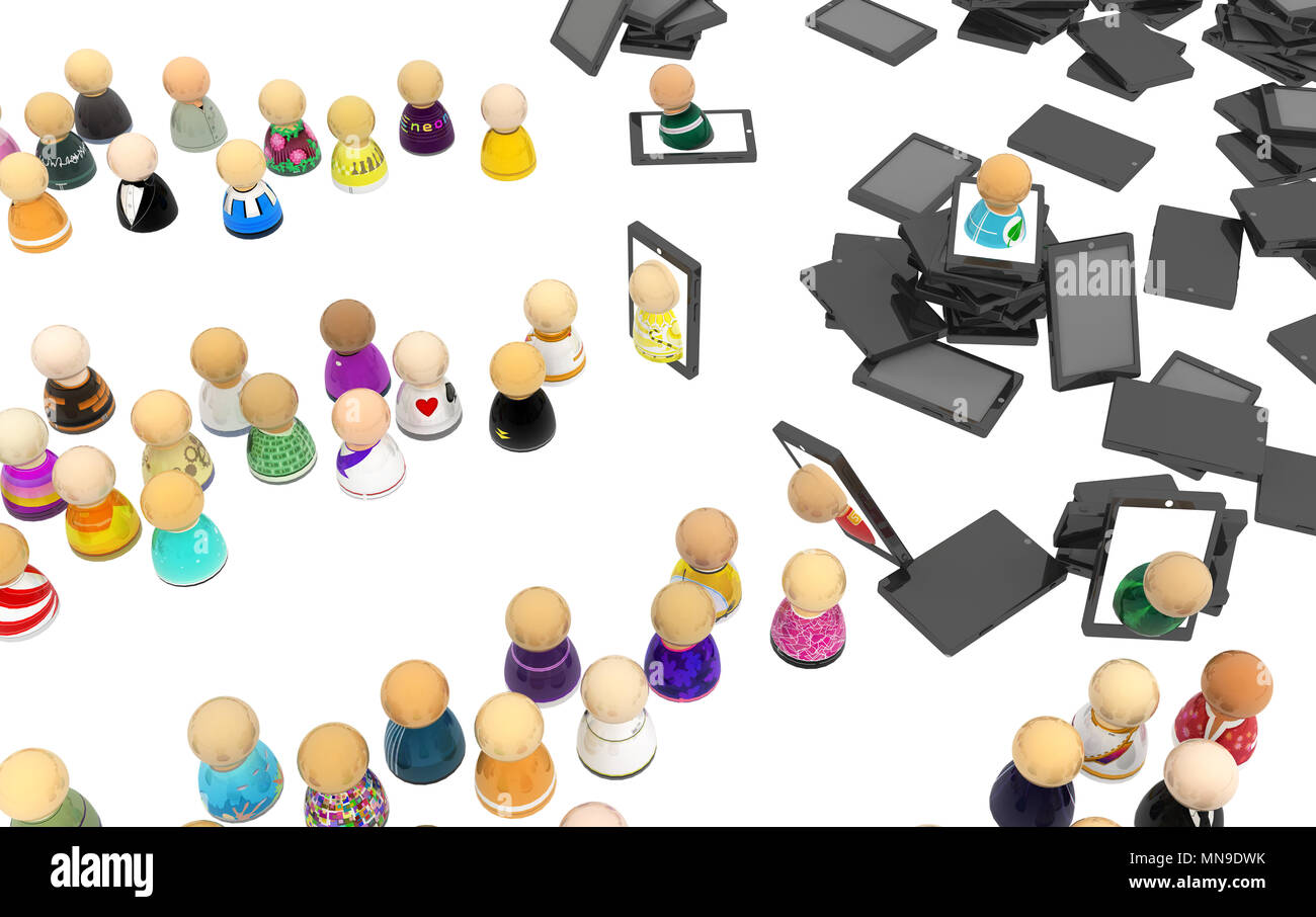 Symbolic small cartoon figures appearing from electronic phone gadgets ...