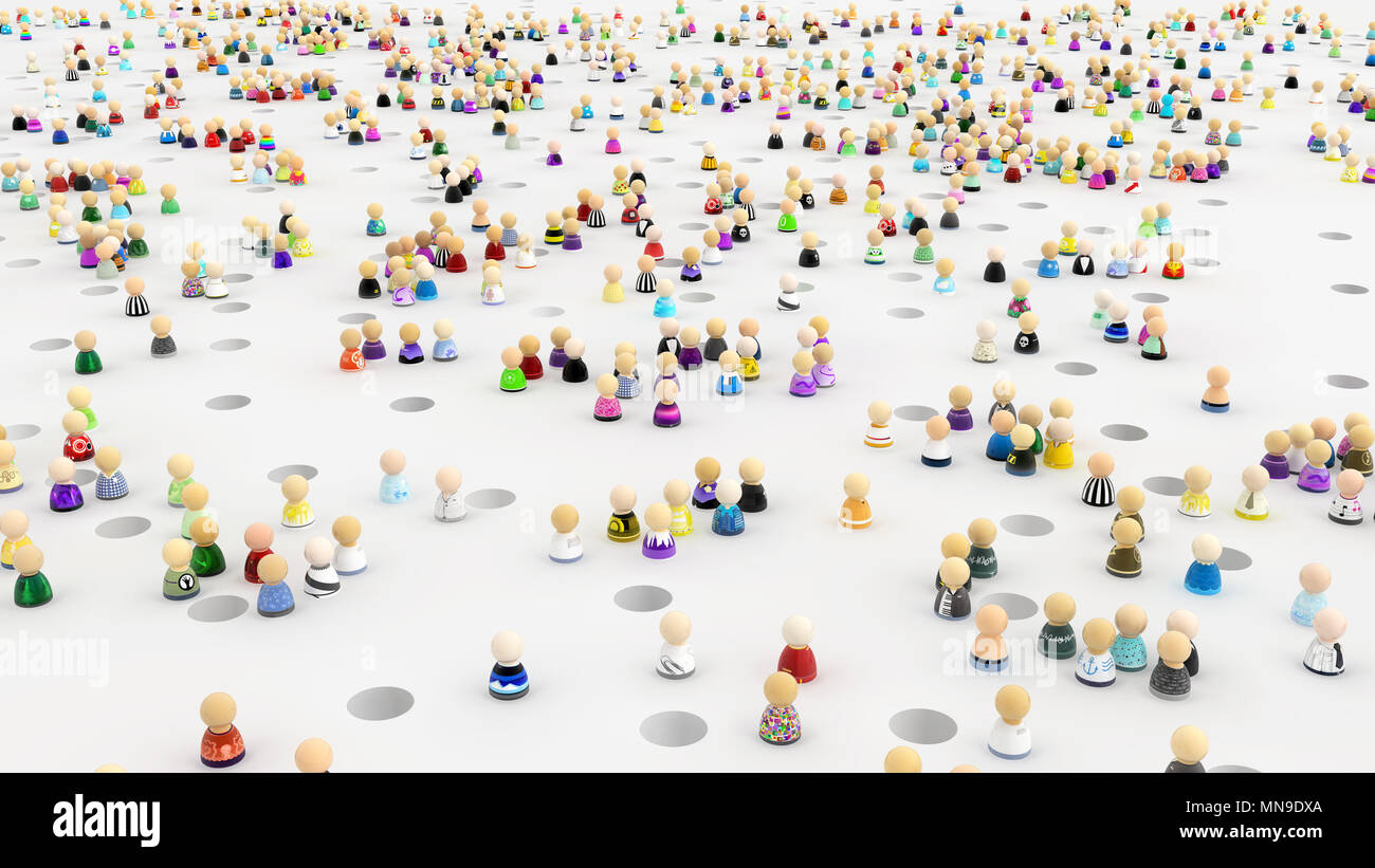 Crowd of small symbolic figures, pitfall holes, 3d illustration ...