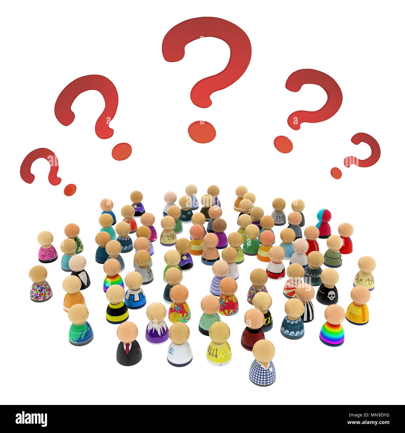 Crowd of small symbolic 3d figures, with question marks, over white ...