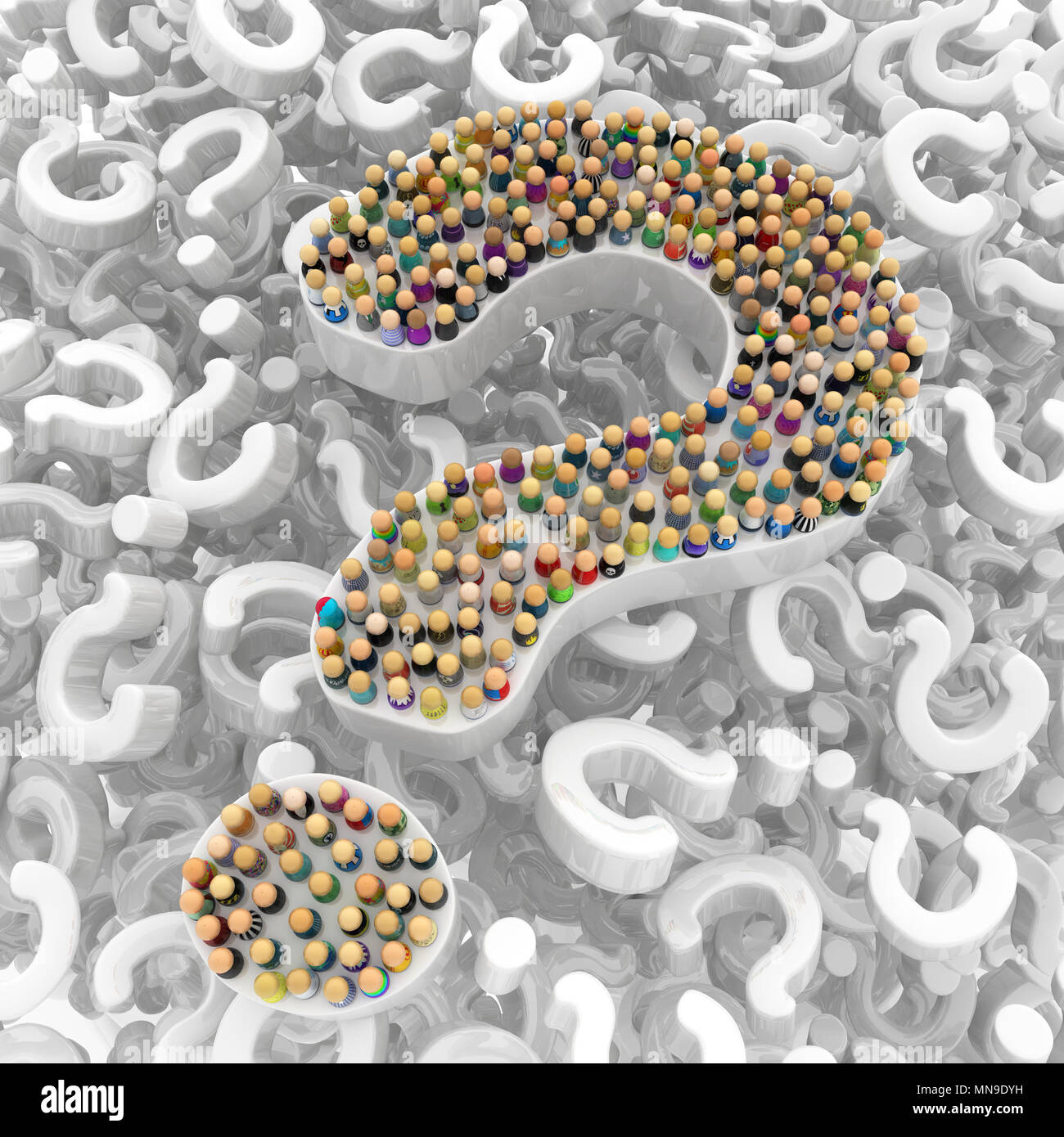 Crowd of small symbolic 3d figures, question mark shape Stock Photo - Alamy