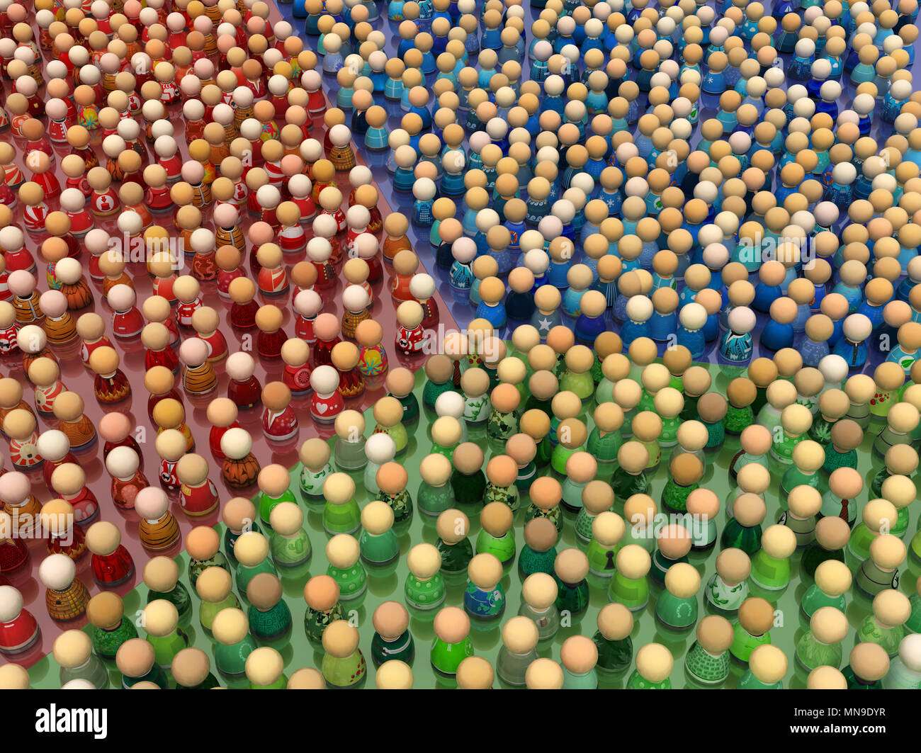 Crowd of small symbolic figures, red, green and blue color, 3d ...