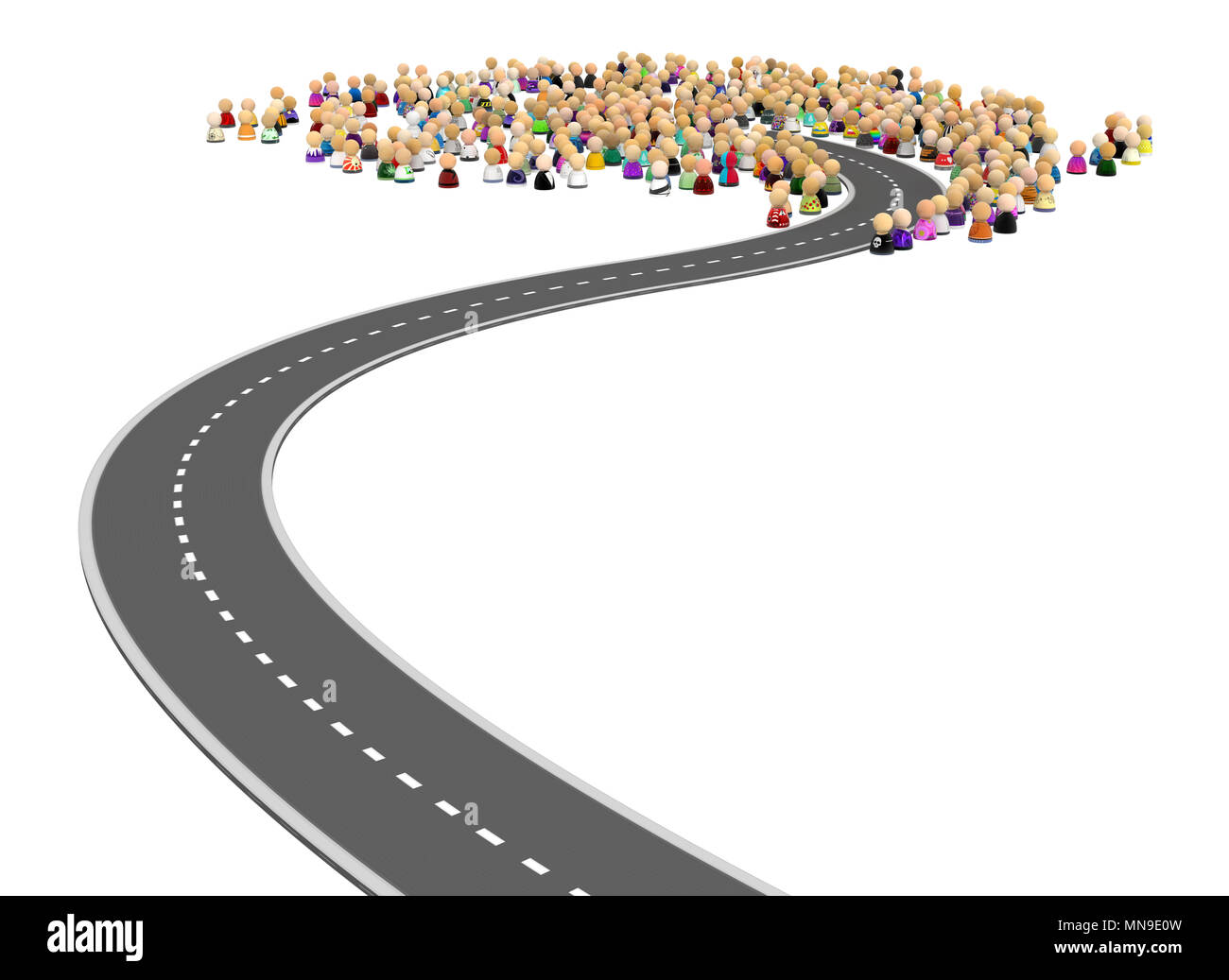 Crowd of small symbolic figures, road end meeting group destination ...