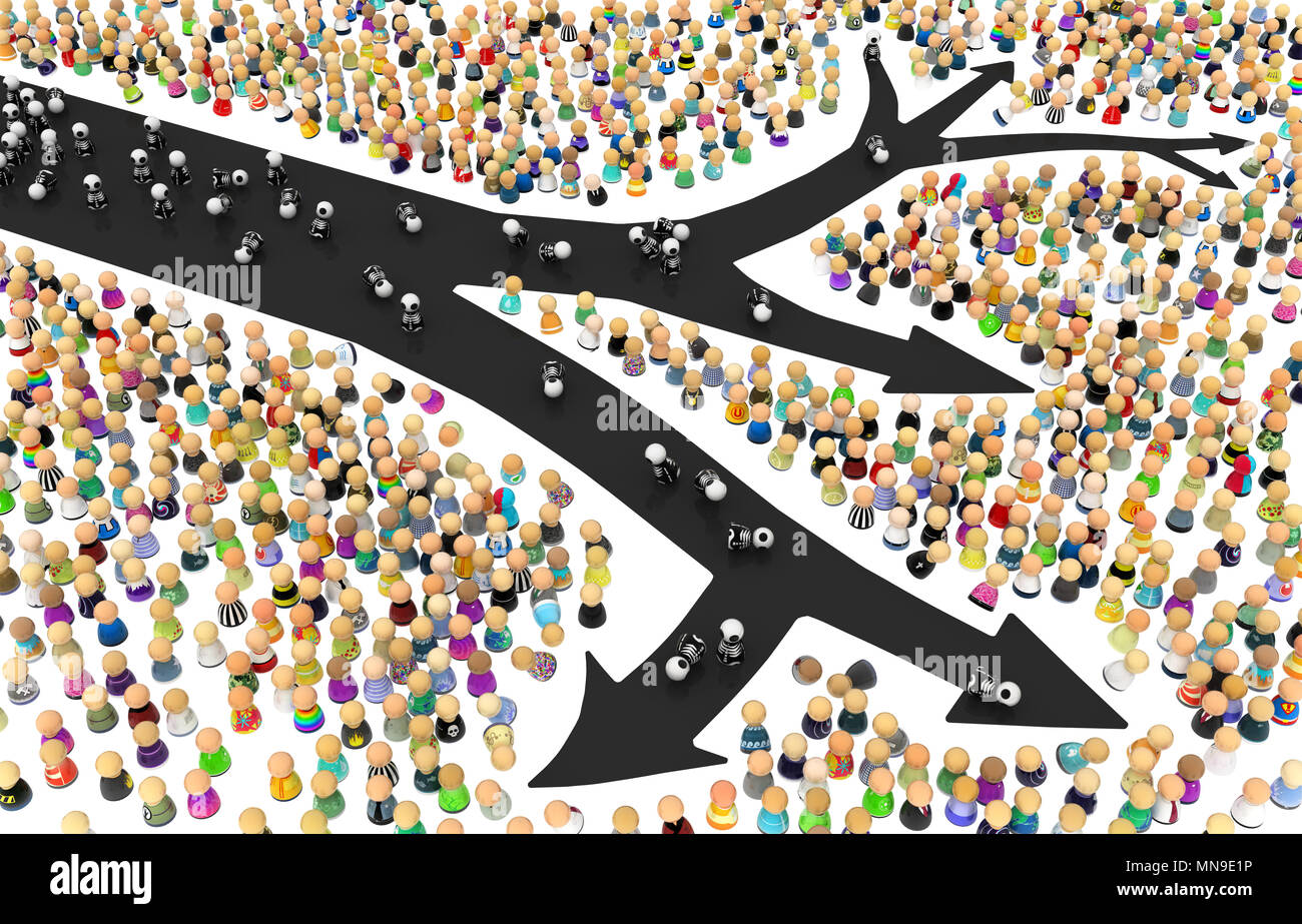 Crowd of small symbolic figures, black skeleton arrow, 3d illustration ...