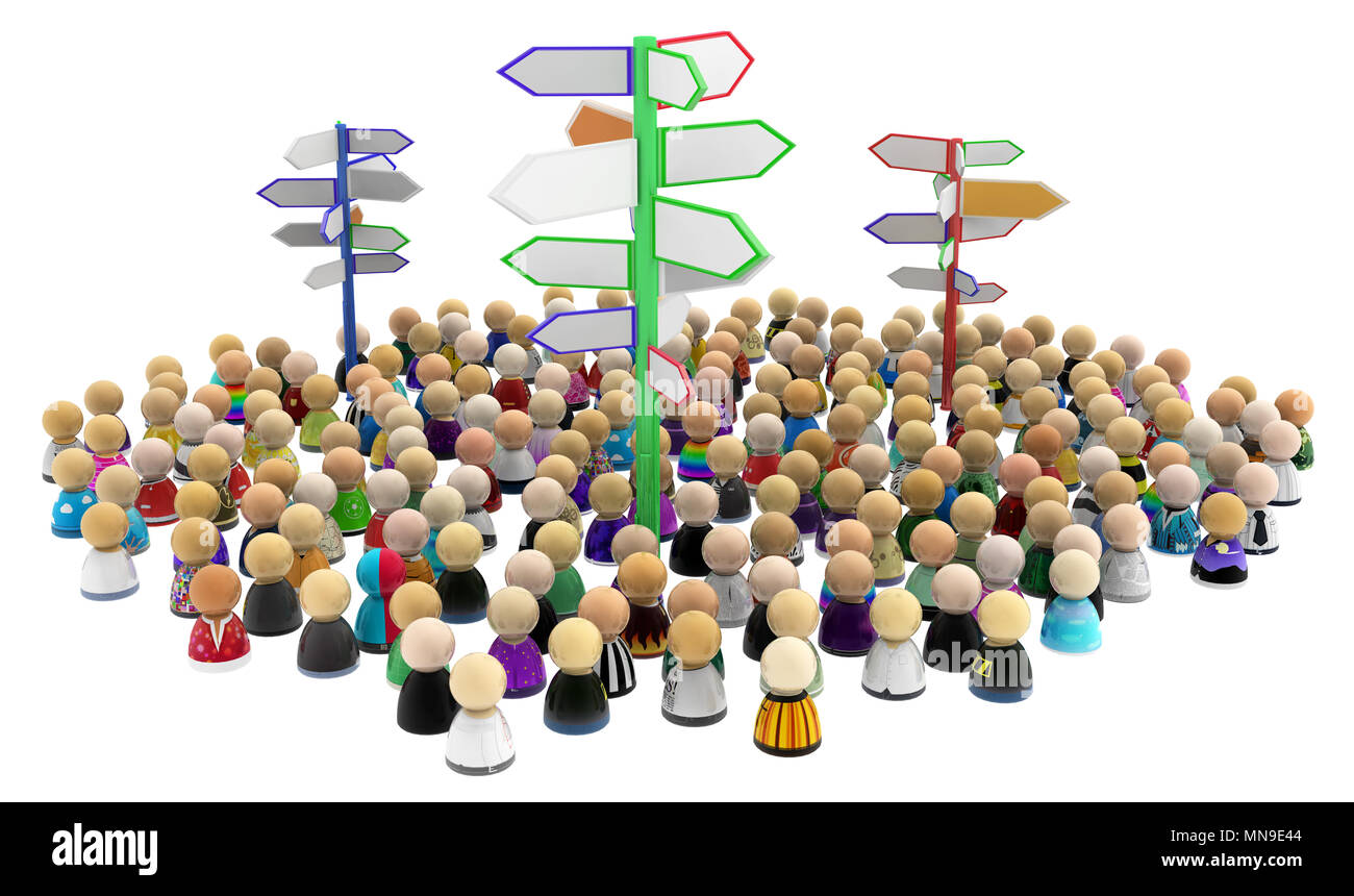 Crowd of small symbolic figures with signposts, 3d illustration ...