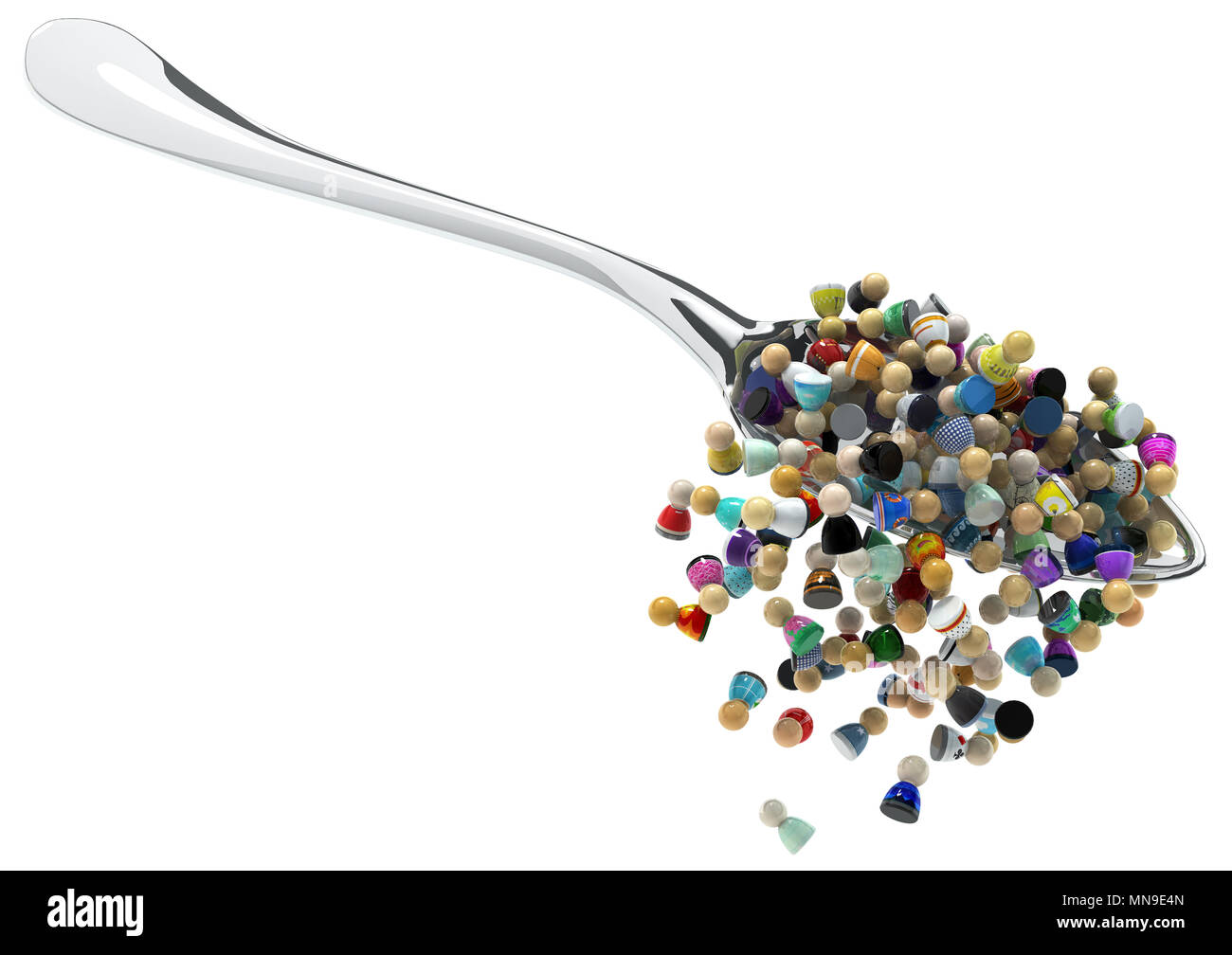 Crowd of small symbolic figures spoon pile, 3d illustration, horizontal ...