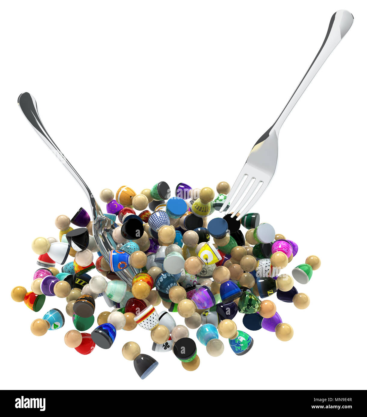 Crowd of small symbolic figures fork and spoon pile, 3d illustration ...