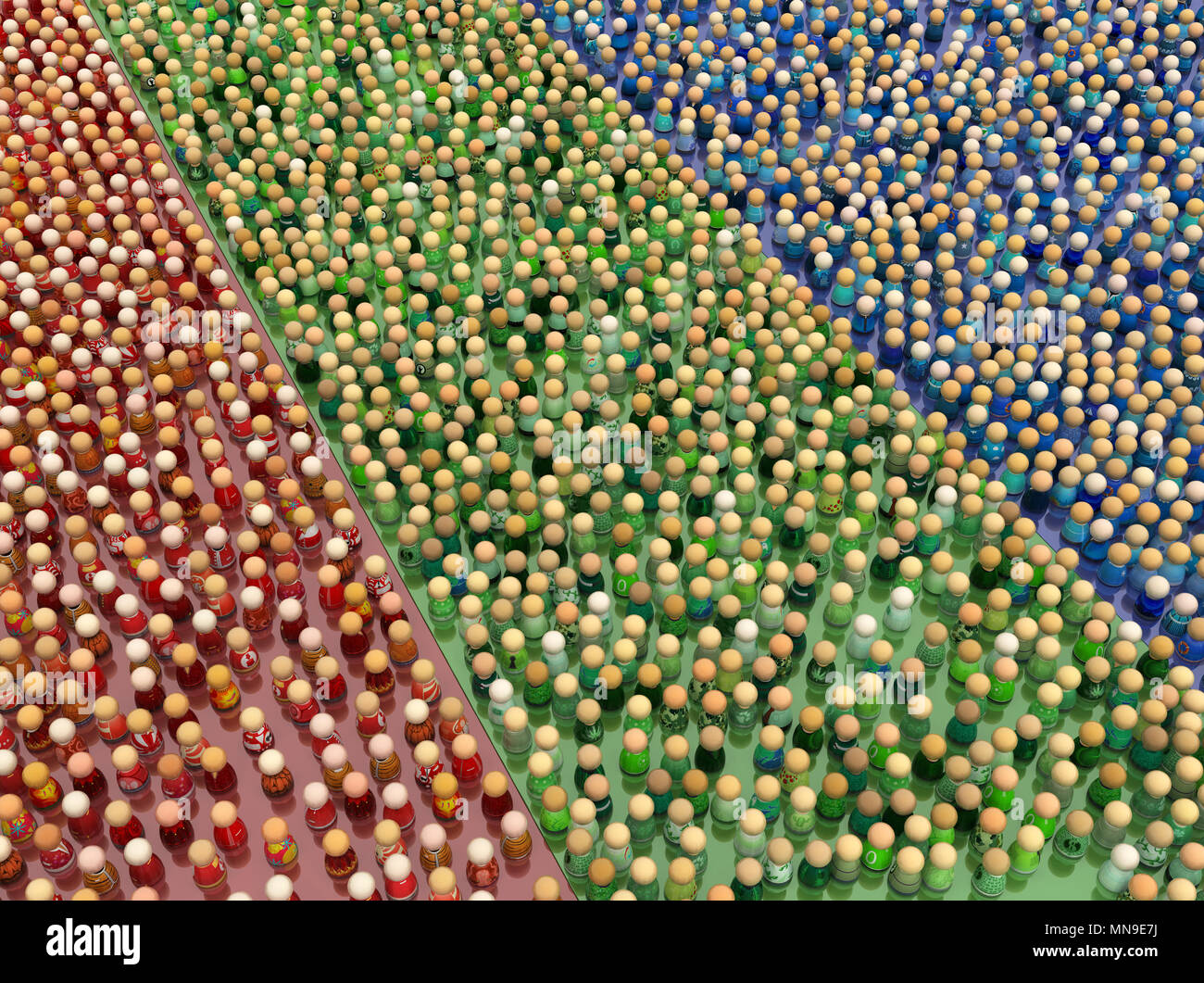 Crowd of small symbolic figures, red, green and blue color groups, 3d ...