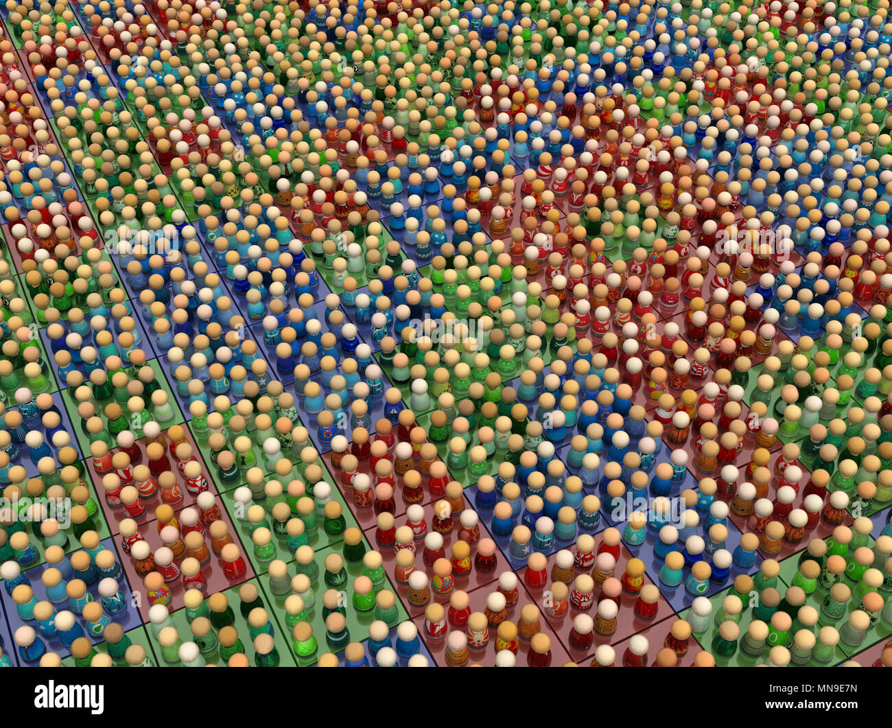 Crowd of small symbolic figures, red, green and blue color squares, 3d ...