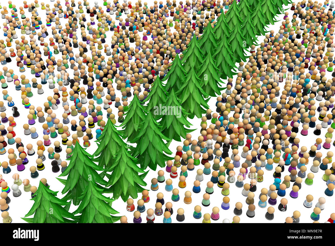 Large crowd of small symbolic 3d figures, with trees, over white Stock ...