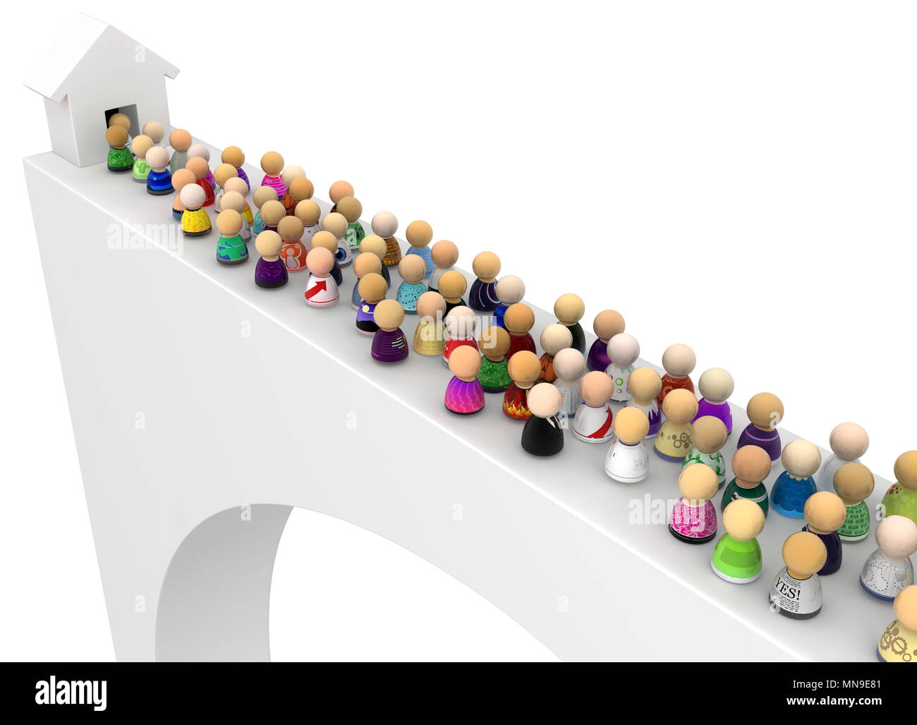 Crowd of small symbolic figures bridge path exit, 3d illustration ...