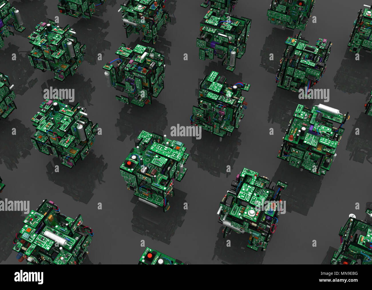 Electronic circuit elements abstract cubes 3d, horizontal, reflected ...