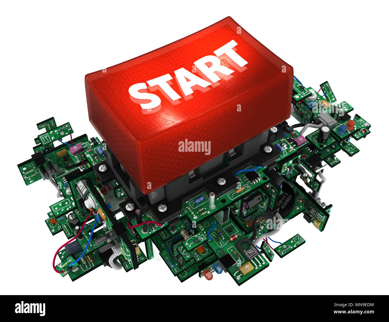 Big red start button, with electronic circuit elements, isolated Stock ...