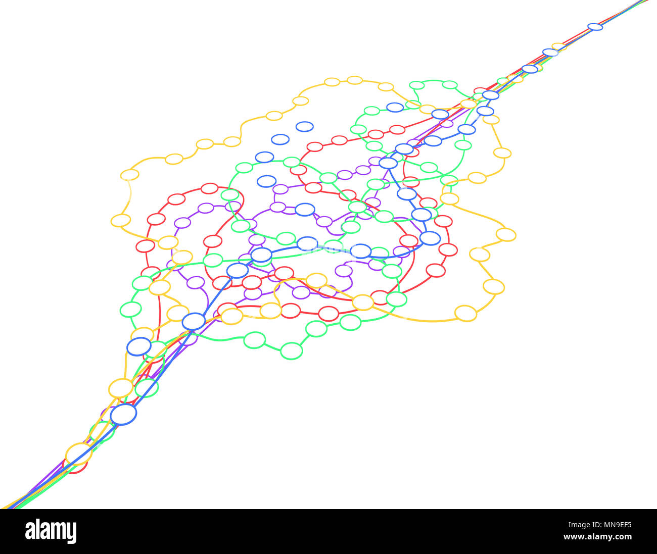 Circles linked by lines connection systems layered color bunch, over ...