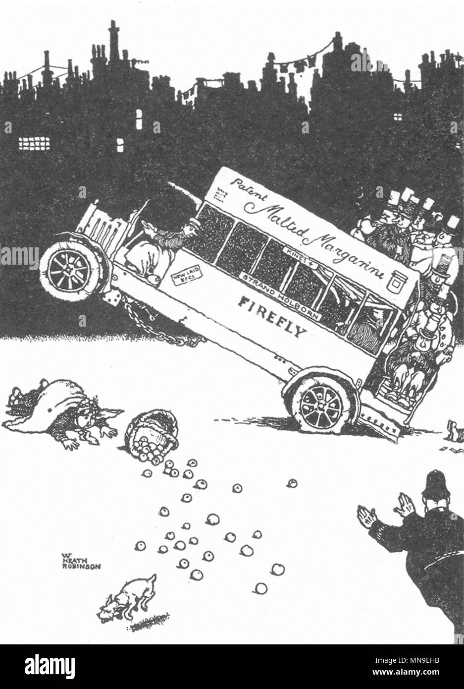 HEATH ROBINSON. Bus passengers throwing weight to stop motor accident ...