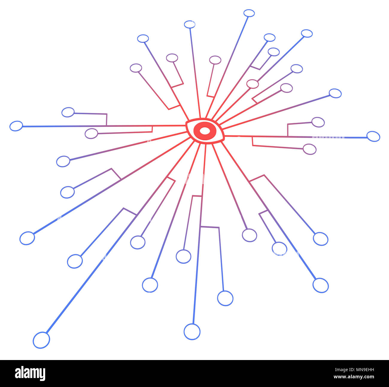 Circles linked by lines connection system red eye symbol center, over ...