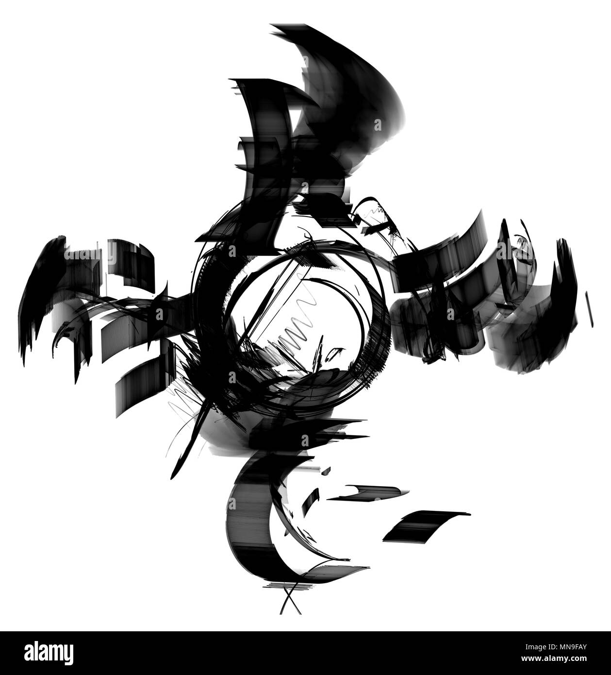 Black ink calligraphy abstract ring mark cross, horizontal, over white ...