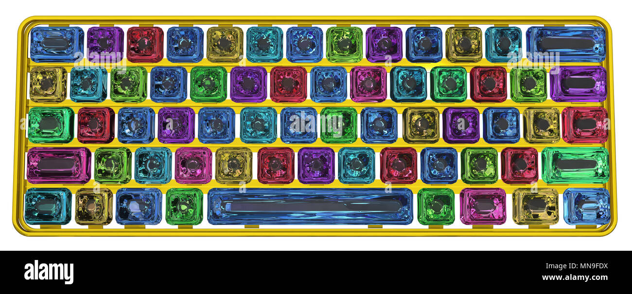 Color crystal jewel button gold computer keyboard, isolated, 3d illustration, horizontal Stock ...