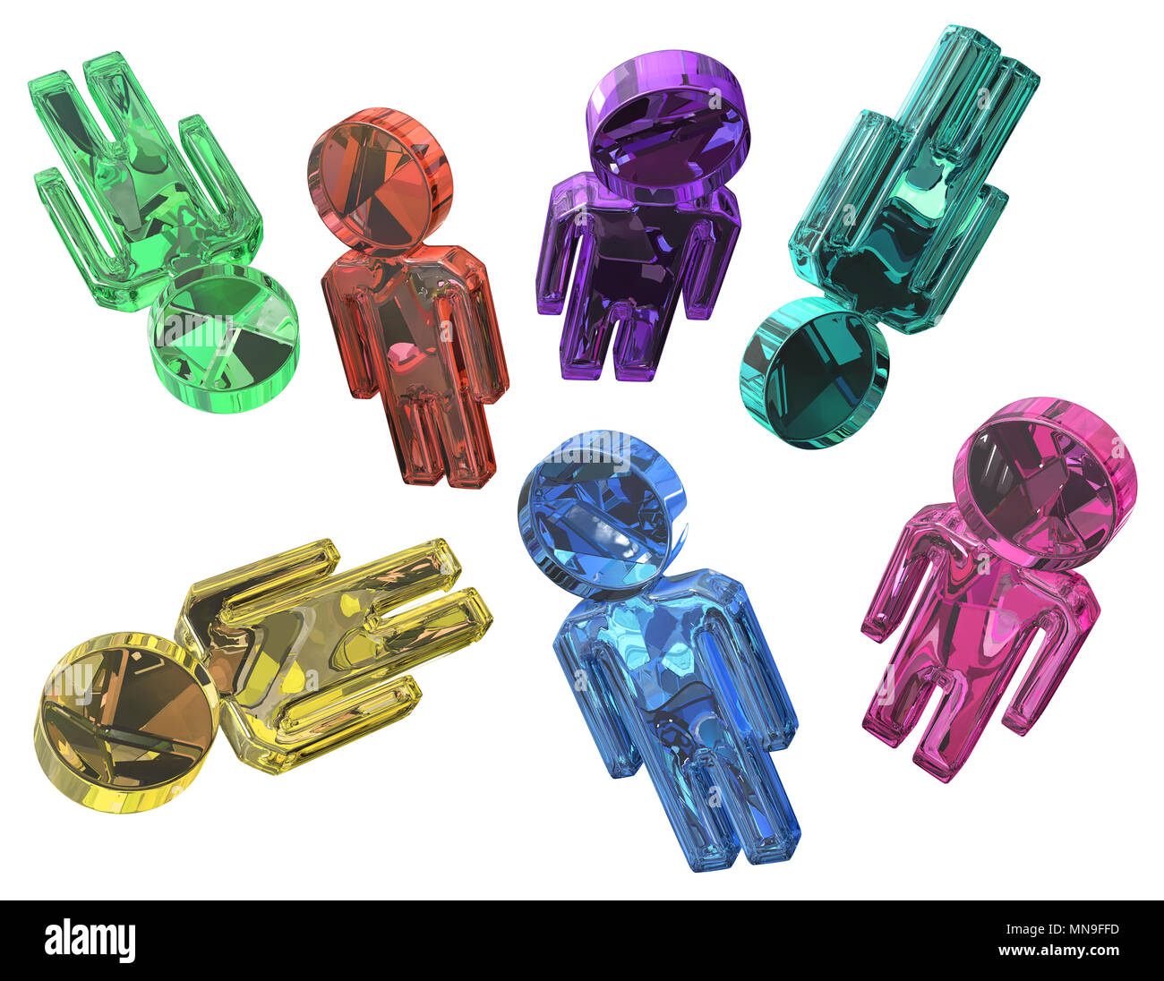 Many color crystal jewel people figures, 3d illustration, horizontal ...