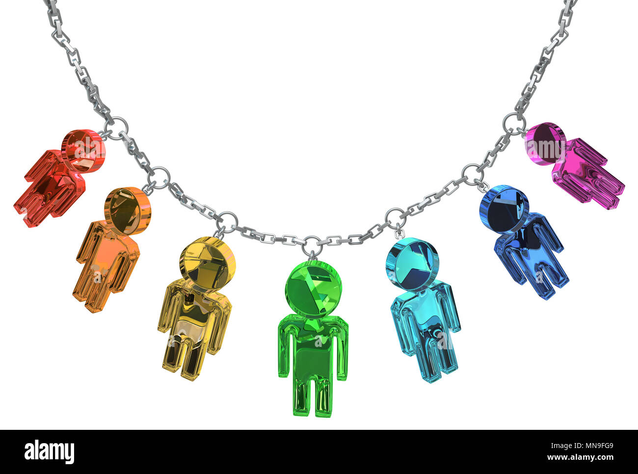 Many color crystal people figures jewelry chain isolated, 3d ...