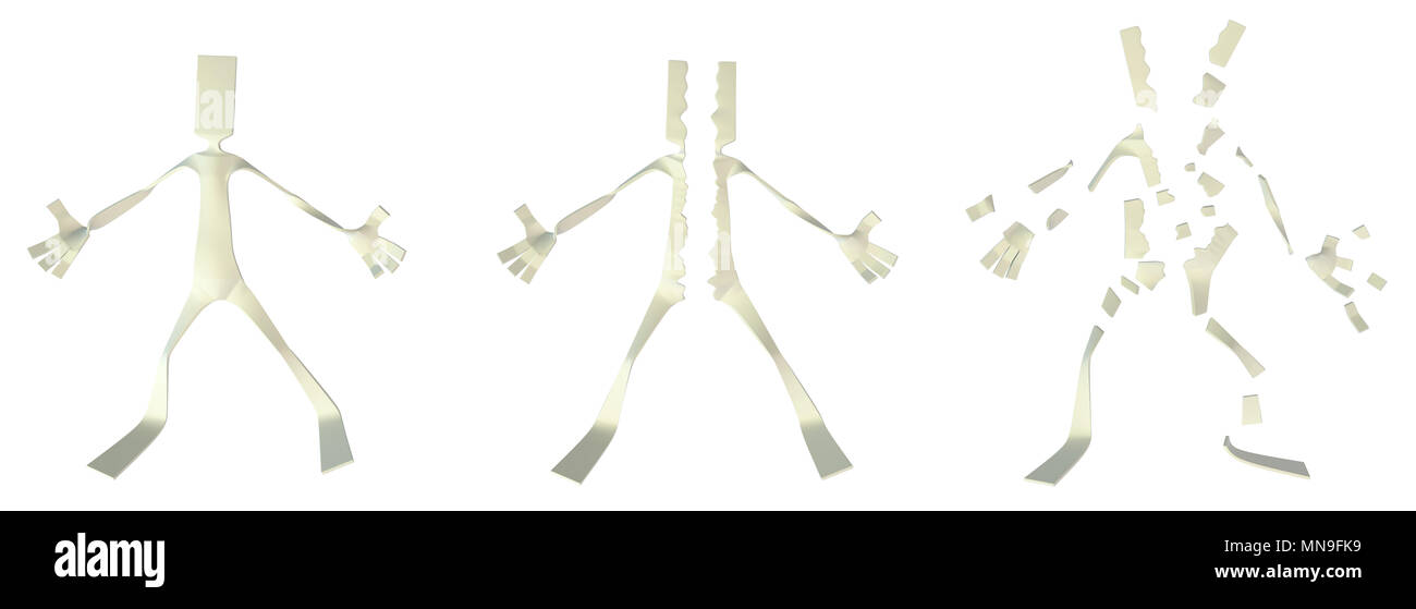 Paper man symbolic figure pose lying torn to pieces, 3d illustration ...