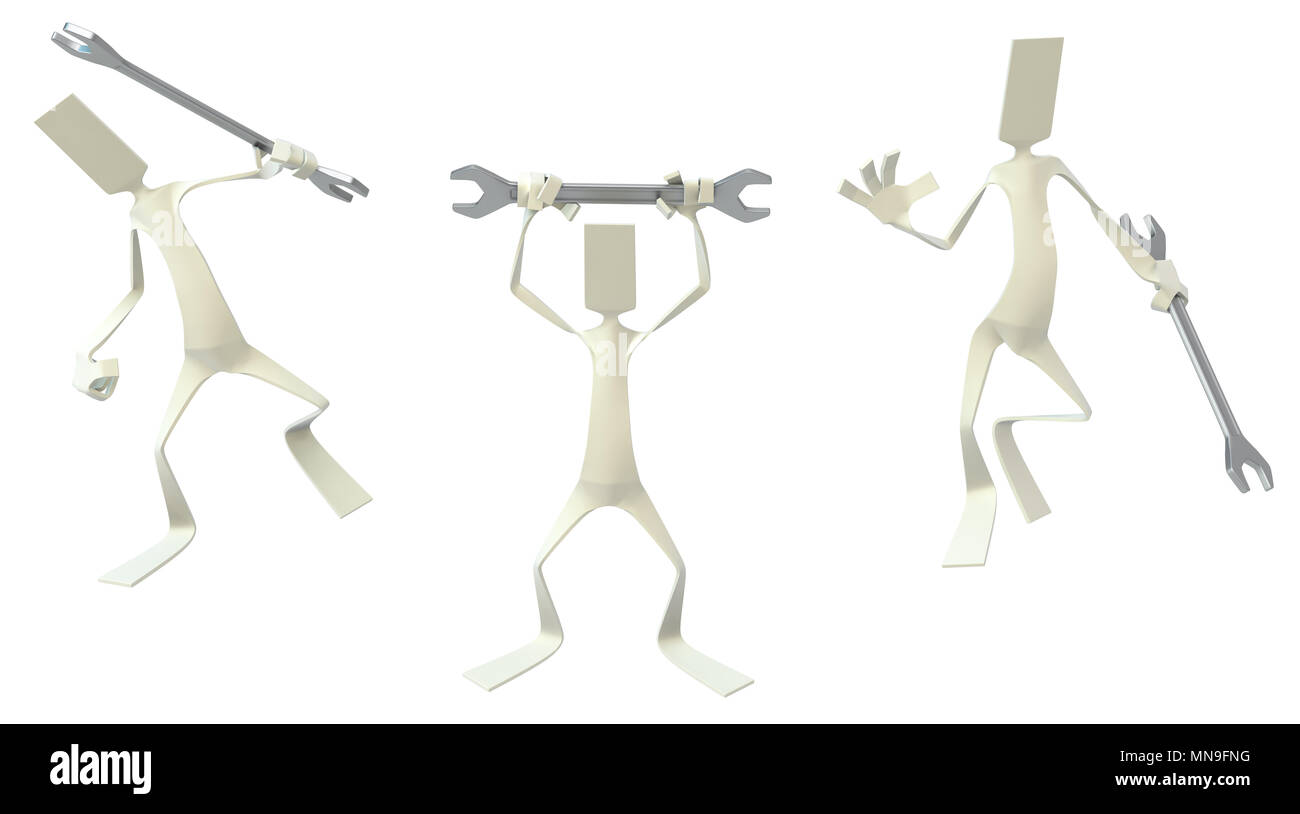 Paper man symbolic figures poses standing with spanner, 3d illustration ...