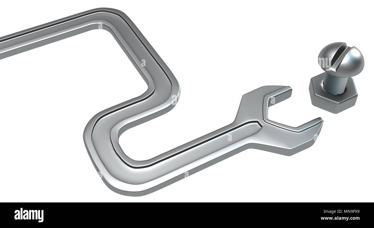 Metal spanner double curve bend with bolt isolated, 3d illustration ...